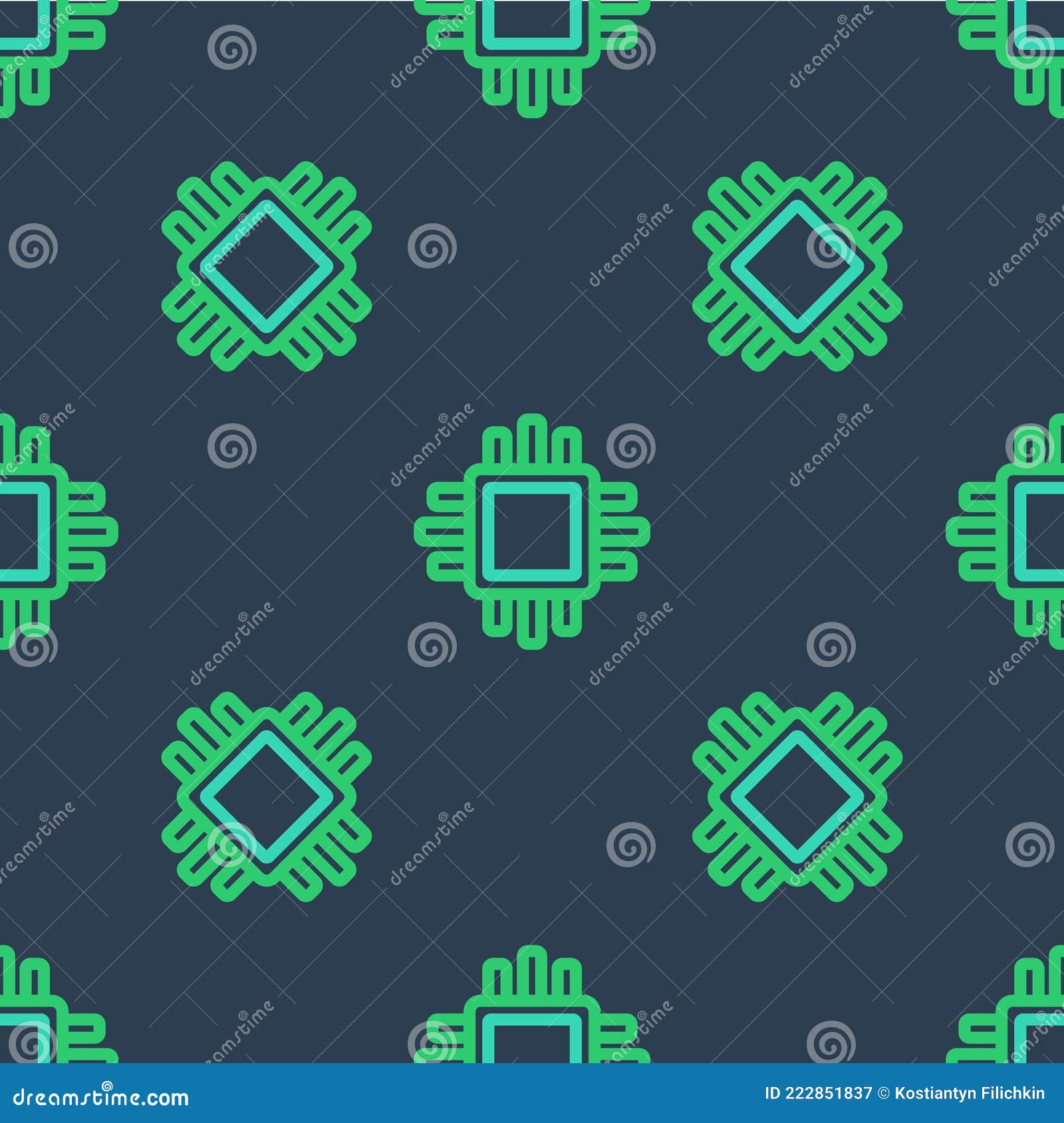 Line Computer Processor with Microcircuits CPU Icon Isolated Seamless Pattern on Blue Background ...