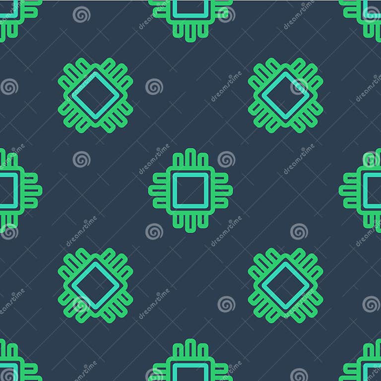 Line Computer Processor with Microcircuits CPU Icon Isolated Seamless Pattern on Blue Background ...