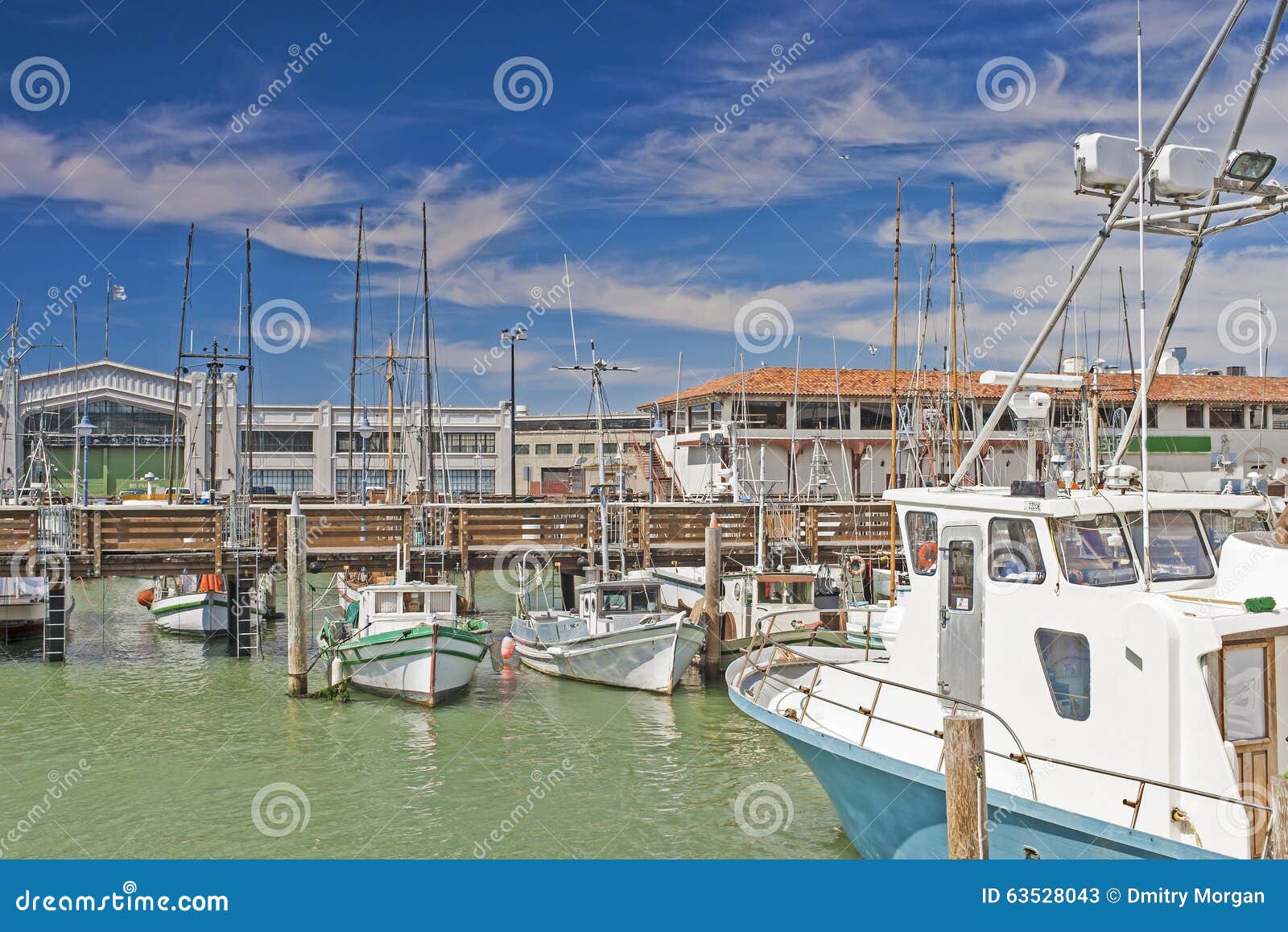 Line of Different Bright Yachts in San-Francisco Marina Pier Stock ...