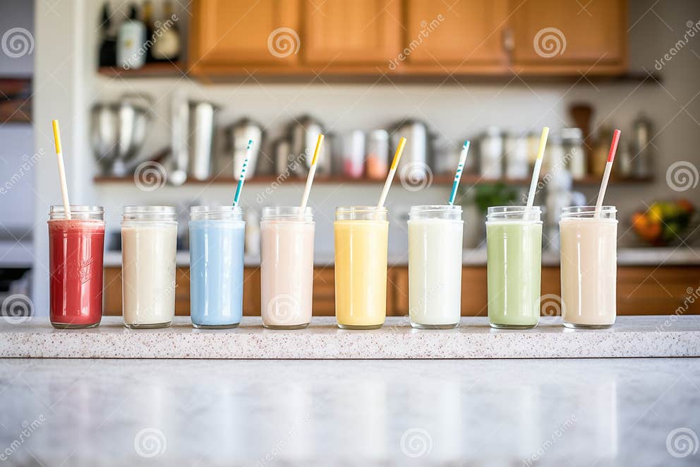 Line of Different Colored Shakes on Kitchen Counter Stock Image - Image ...
