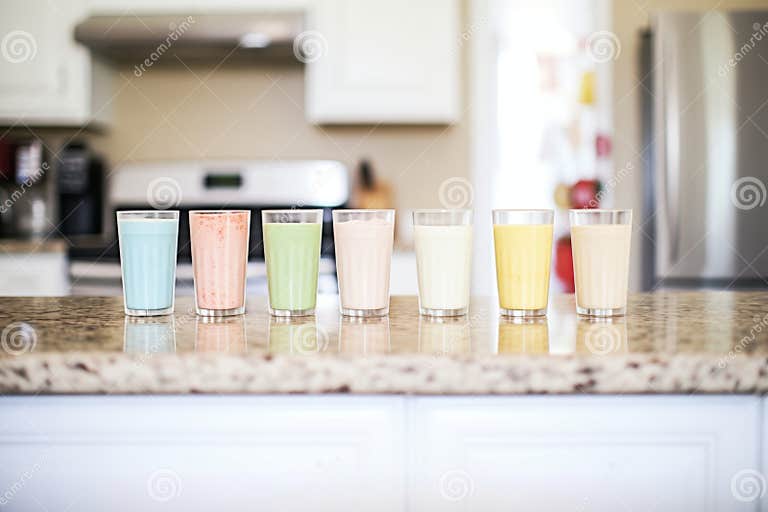 Line of Different Colored Shakes on Kitchen Counter Stock Photo - Image ...