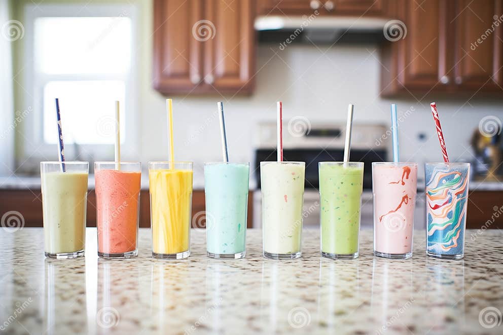 Line of Different Colored Shakes on Kitchen Counter Stock Photo - Image ...