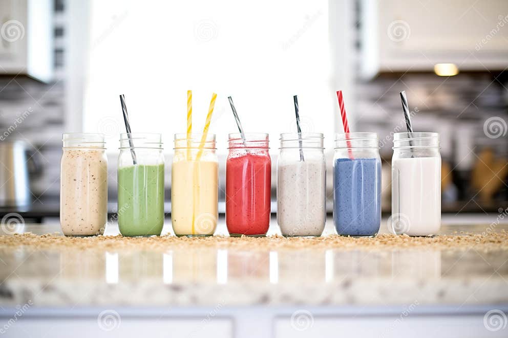 Line of Different Colored Shakes on Kitchen Counter Stock Image - Image ...