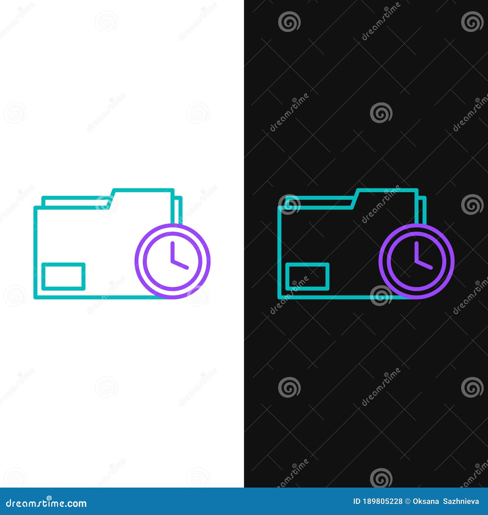 Line Document Folder with Clock Icon Isolated on White and Black ...