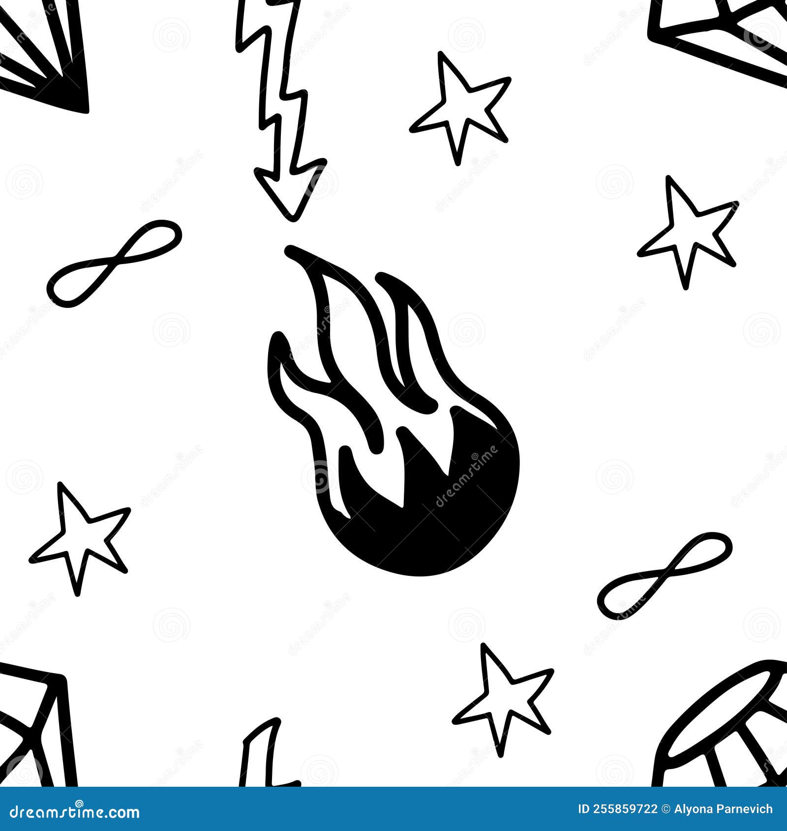 Line Doodle Black Magic Seamless Pattern with Fire and Magic Flash ...
