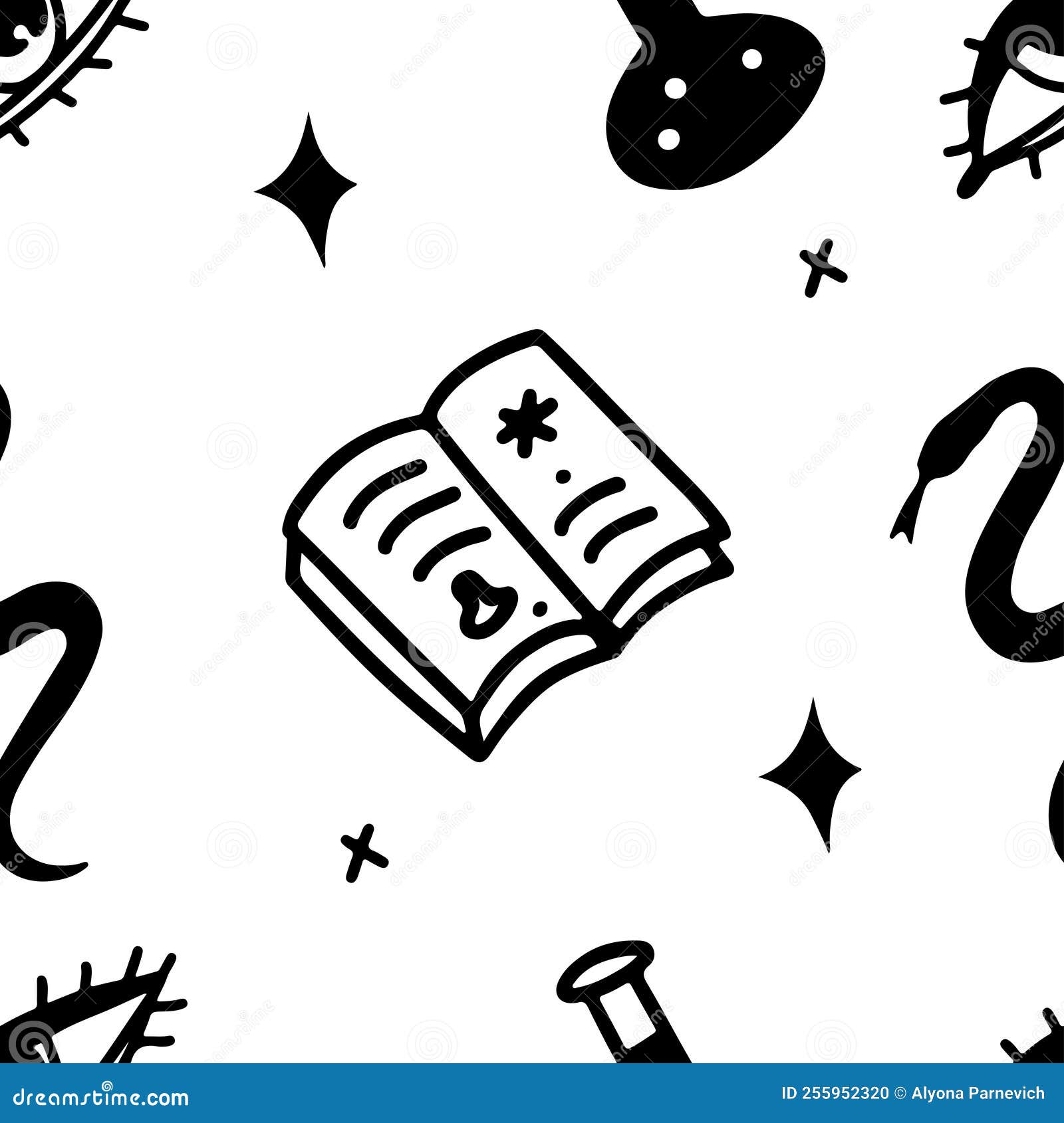 Line Doodle Black Magic Seamless Pattern with Magic Spell Book Isolated ...