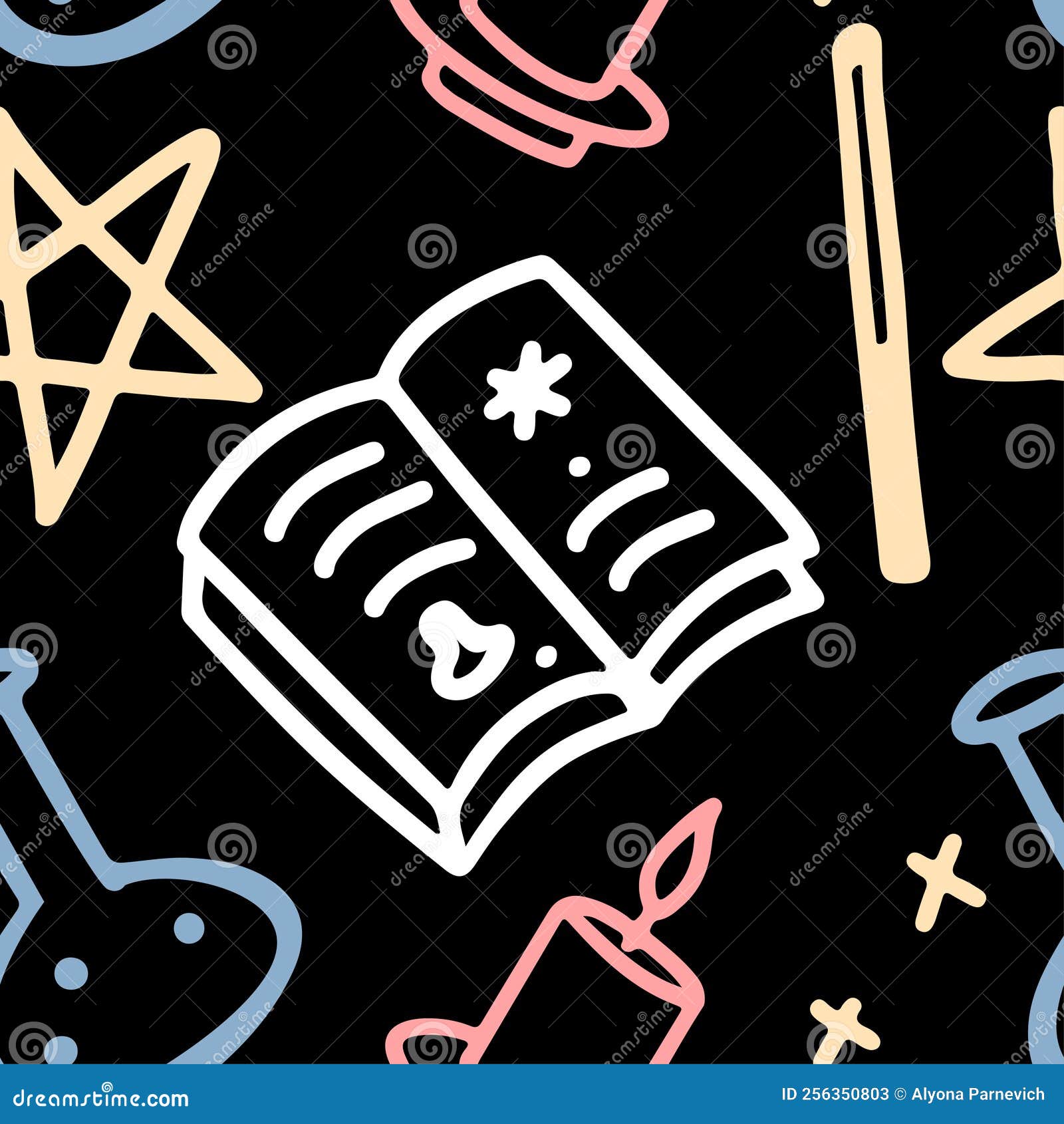 Line Doodle Pastel Magic Seamless Pattern with Magic Spell Book ...