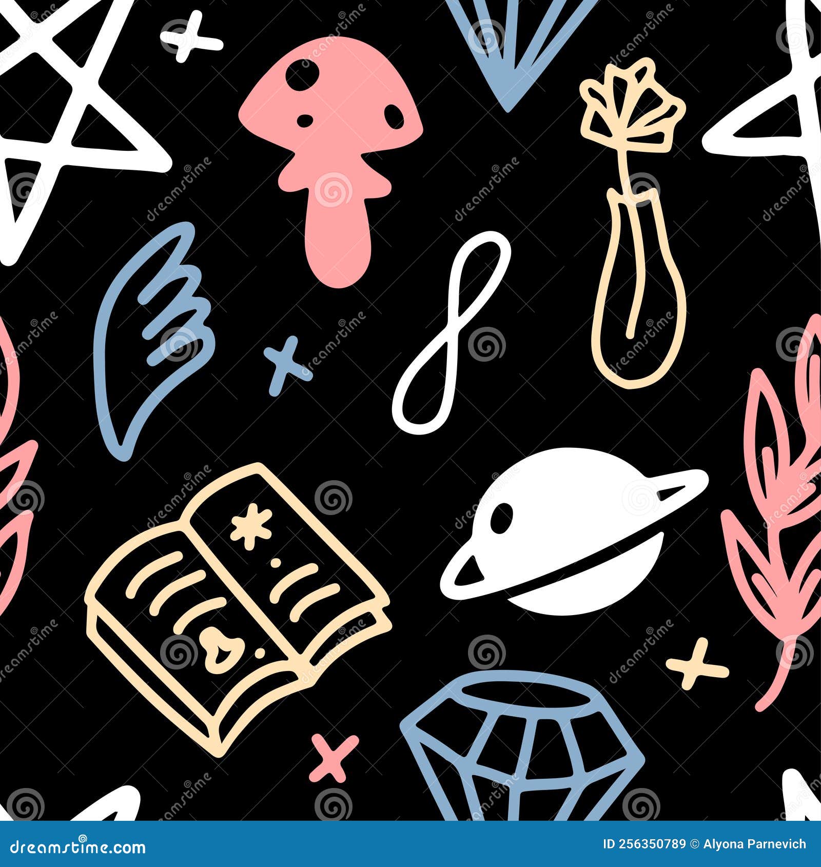 Line Doodle Pastel Magic Seamless Pattern with Planet and Magic Spell ...