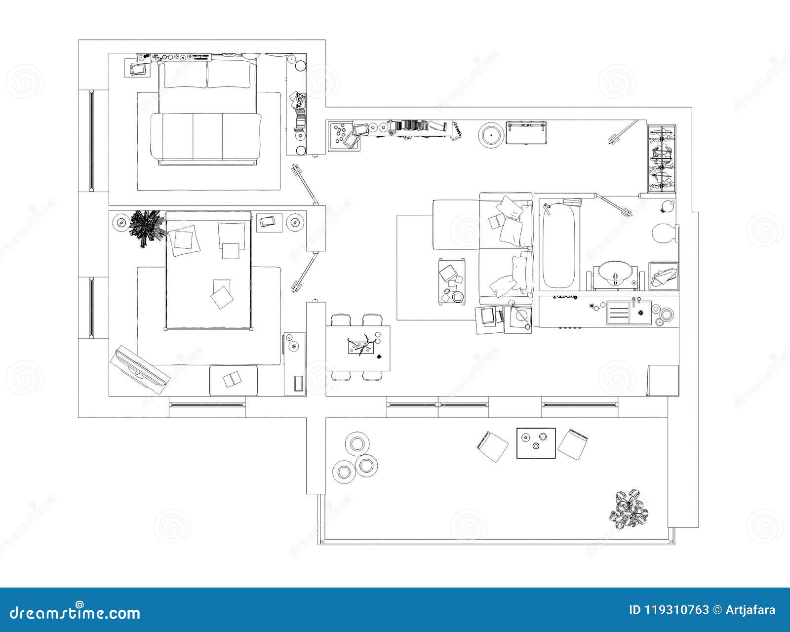 Line Drawing Apartment Floor Plan Stock Illustration - Illustration of ...