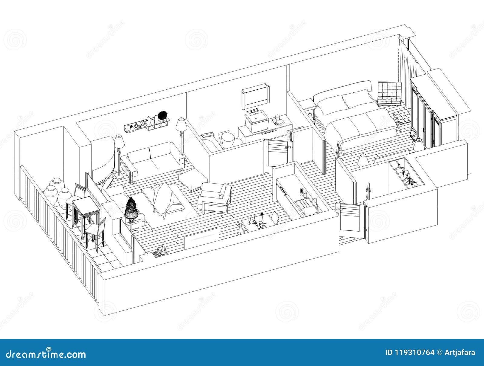 Line Drawing Apartment Floor Plan Stock Illustration - Illustration of ...