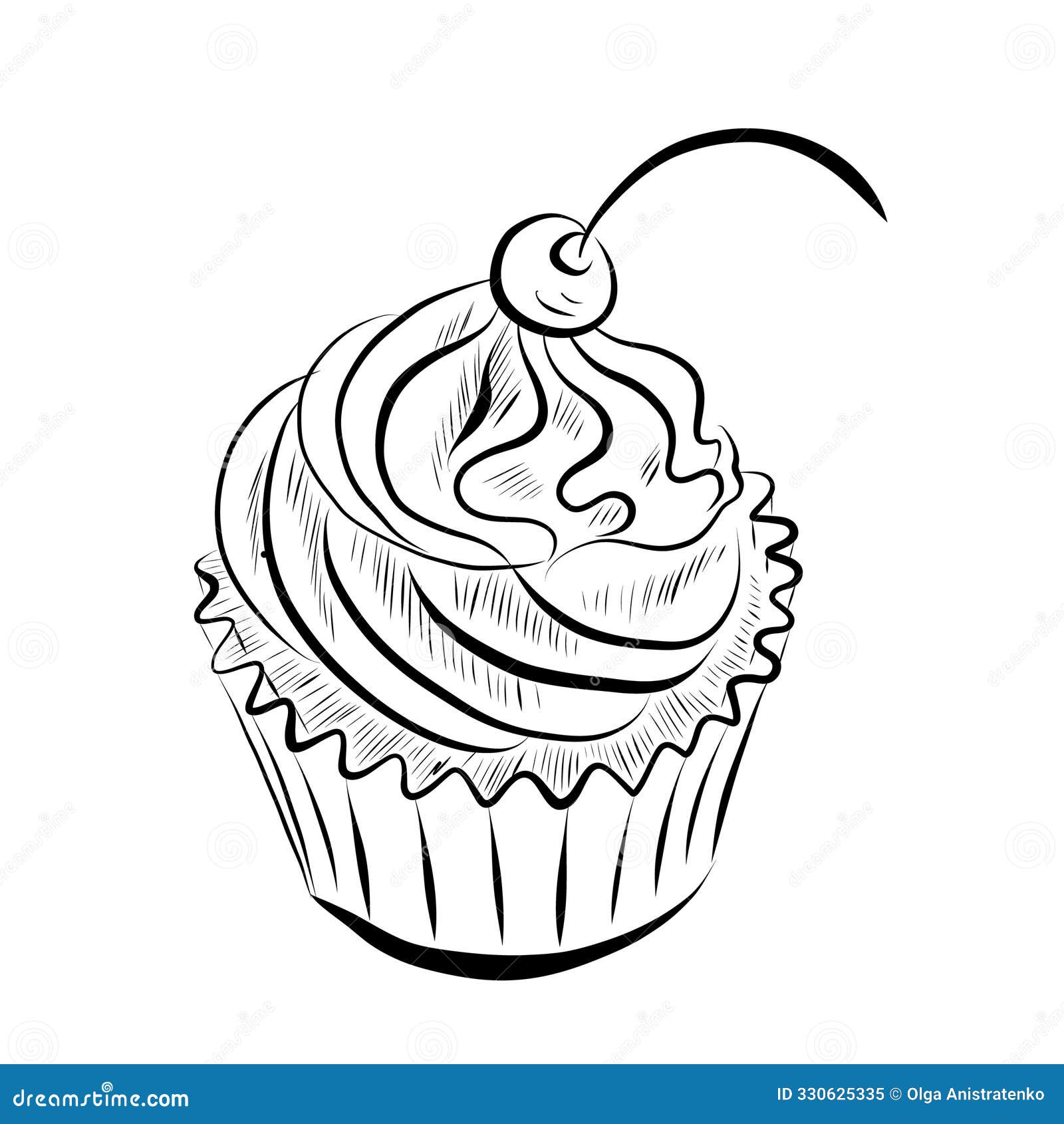 Line Drawing. Line Art Cupcake with Cream and Cherry Stock Vector ...