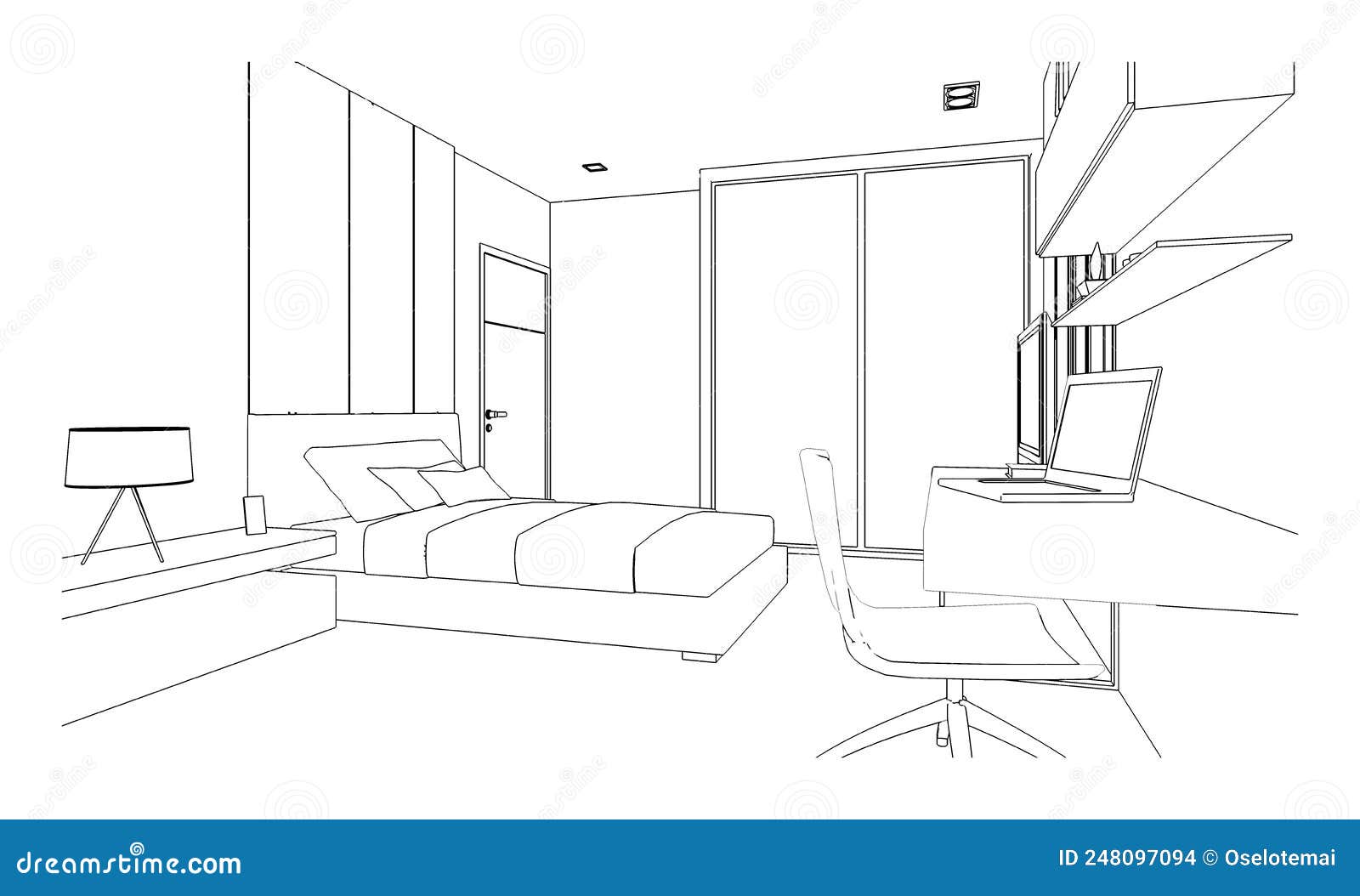 Line Drawing of Bedroom,Modern Design Stock Illustration - Illustration ...