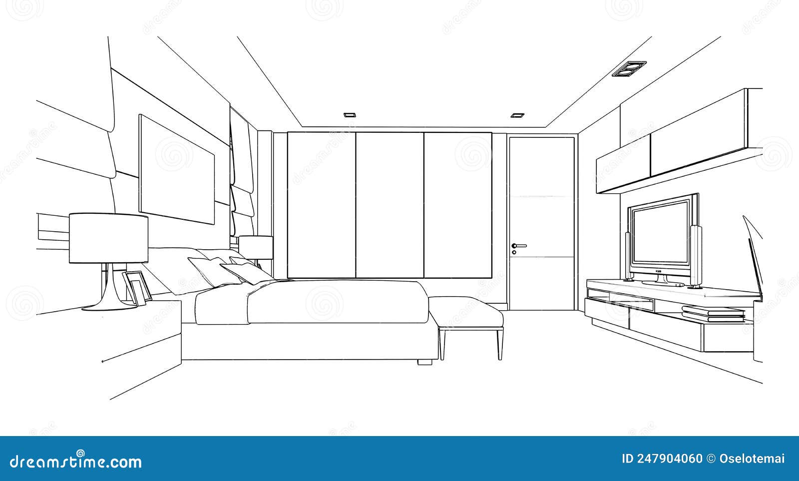 Line Drawing of Bedroom,Modern Design Stock Illustration - Illustration ...