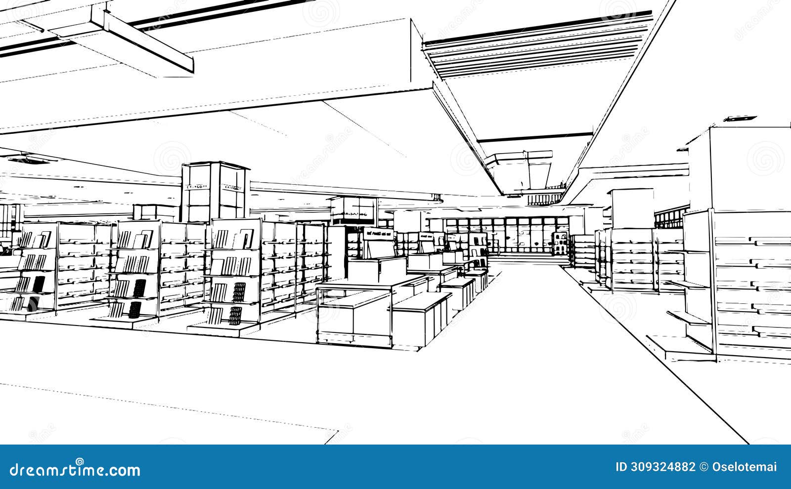 Line Drawing of a Bookstore S Aisle,3d Rendering Stock Vector ...