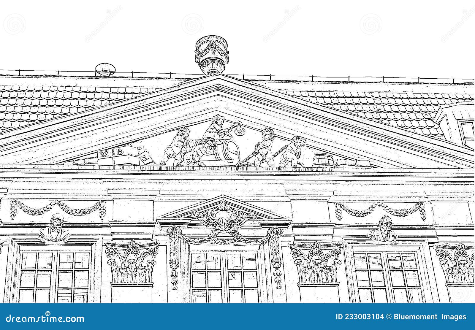 Line Drawing Of Classical Architectural Elements Angels Pulling A ...