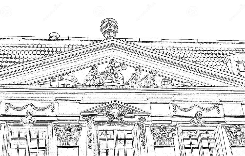 Line Drawing of Classical Architectural Elements Angels Pulling a ...