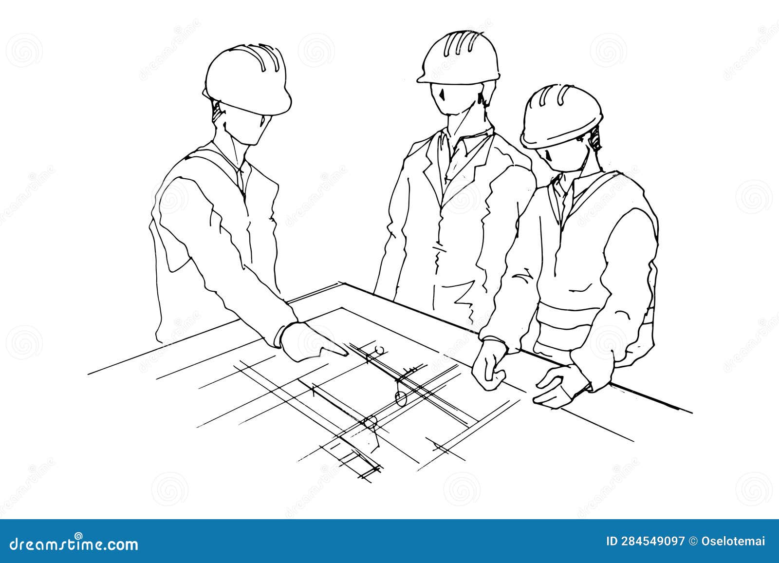 Line Drawing 3 Engineers Discussing Work ,a Line Drawing Using Interior ...