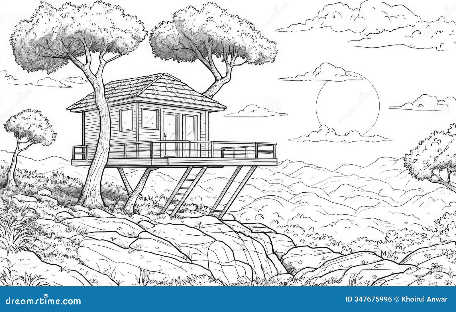 Line Drawing Illustration of a Small Treehouse in a Mountain Landscape ...