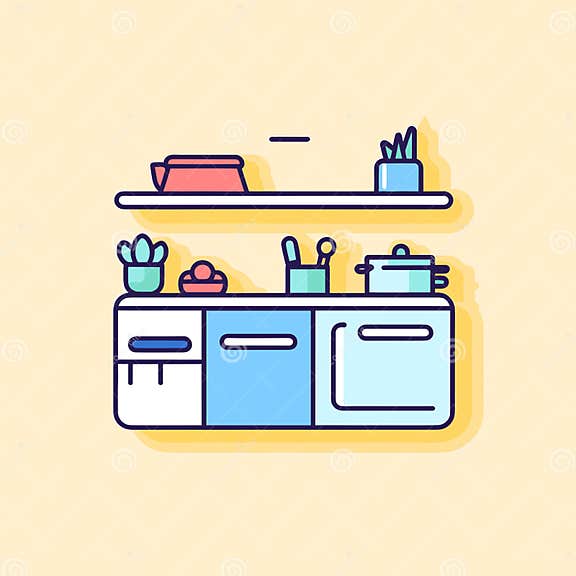 Vector of a Line Drawing of a Kitchen with Pots and Pans Stock Vector ...