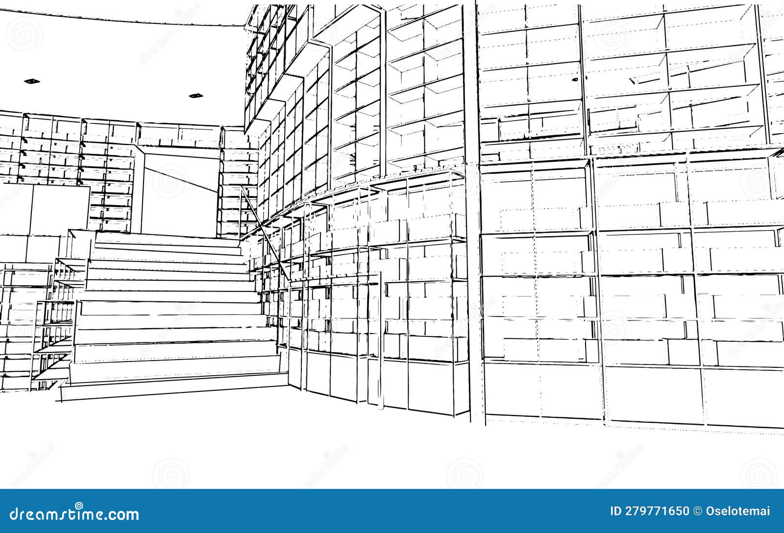 Line Drawing of a Large Bookshelf Structure in a Bookstore,3d Rendering ...