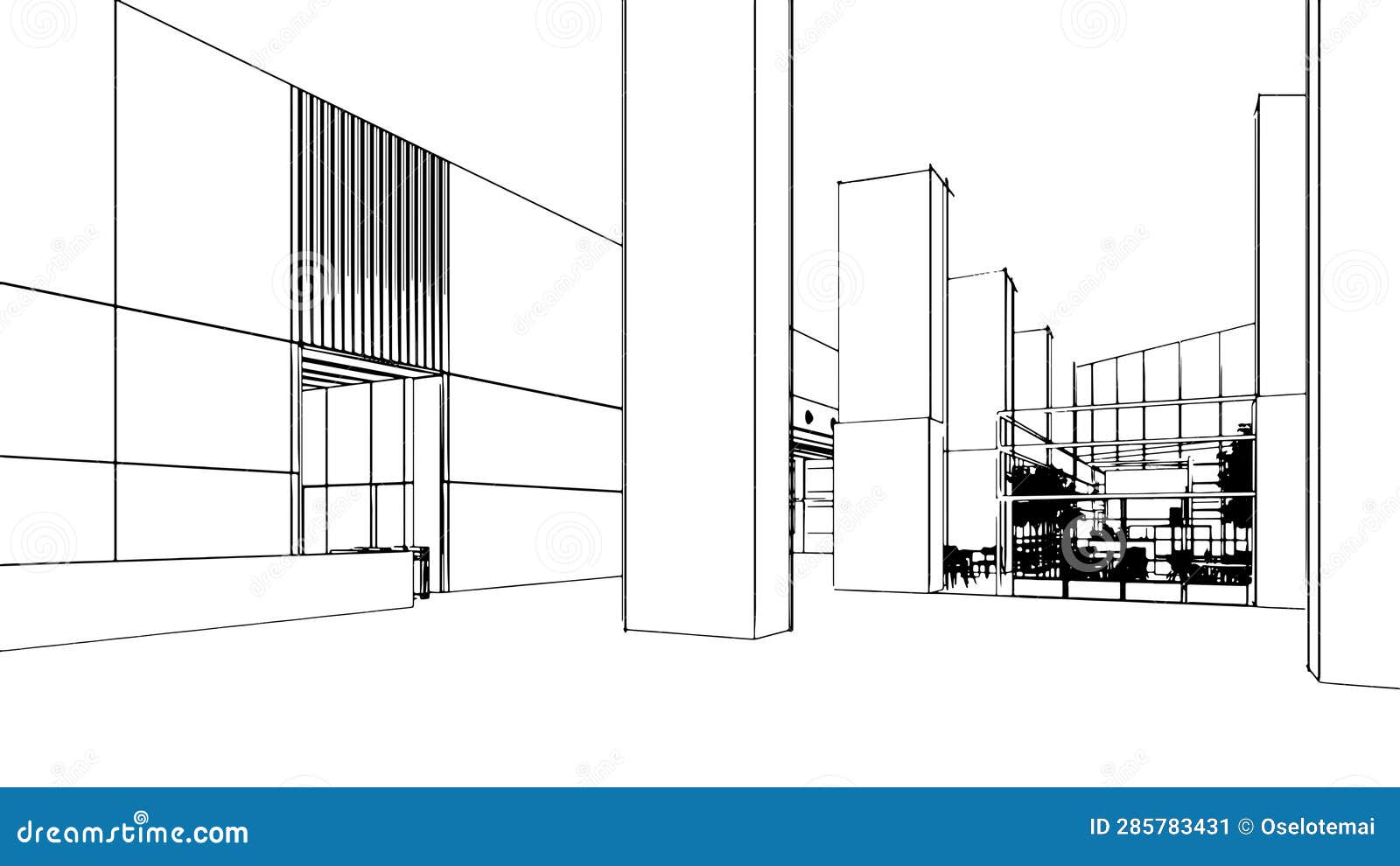 Line Drawing of a Large Office Building Hall,3d Rendering Stock Vector ...
