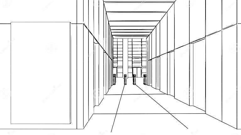 Line Drawing of a Large Office Building Hall,3d Rendering Stock ...