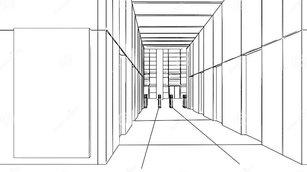 Line Drawing of a Large Office Building Hall,3d Rendering Stock ...