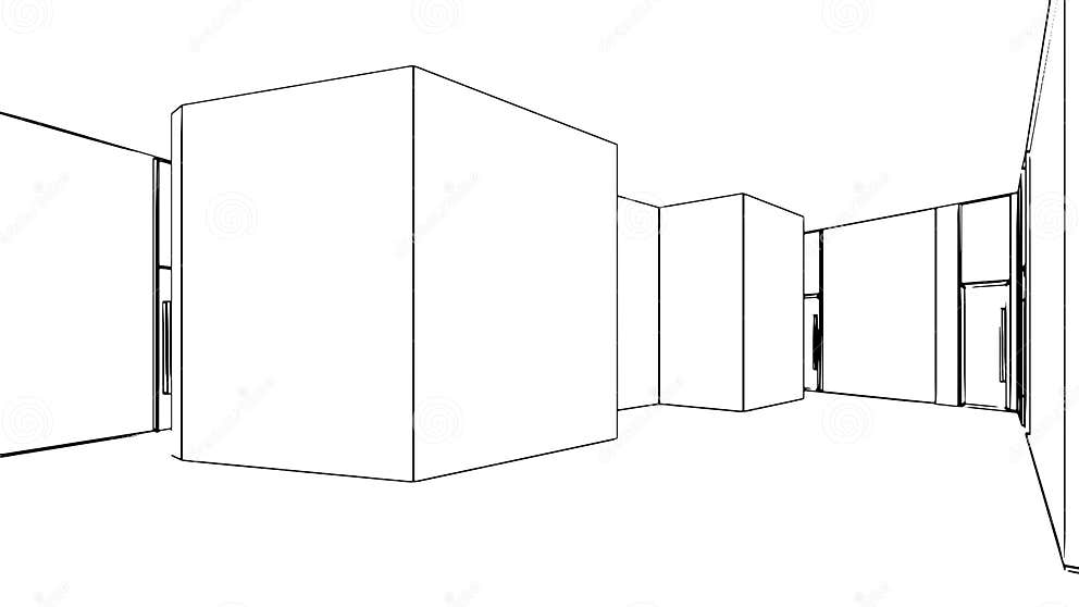 Line Drawing of a Large Office Building Hall,3d Rendering Stock Vector ...