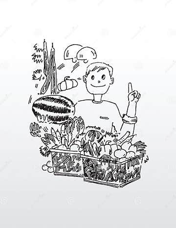 Line Drawing of Man with Fruit Stock Vector - Illustration of baskets ...