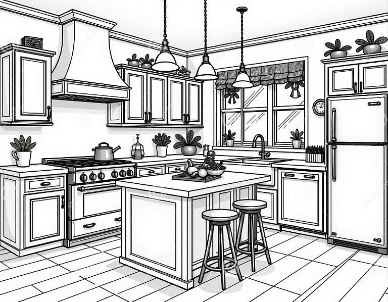 Line Drawing of a Modern Kitchen Design with Island and Stools Stock ...