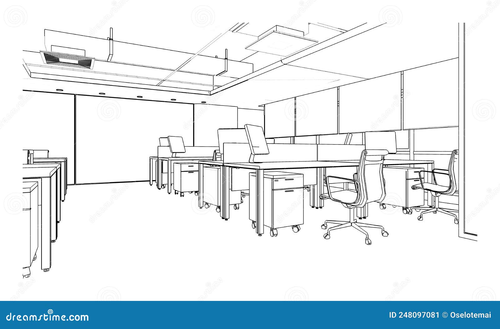 Line Drawing of Office,Modern Design Stock Illustration - Illustration ...