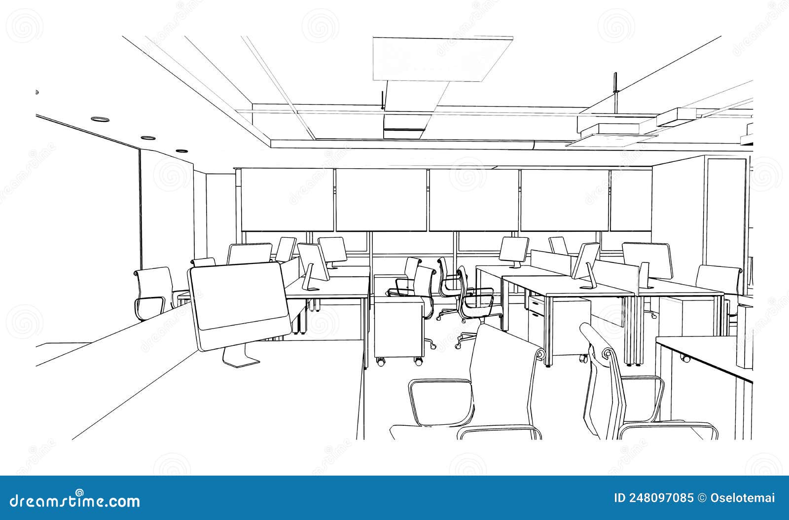 Line Drawing of Office,Modern Design Stock Illustration - Illustration ...