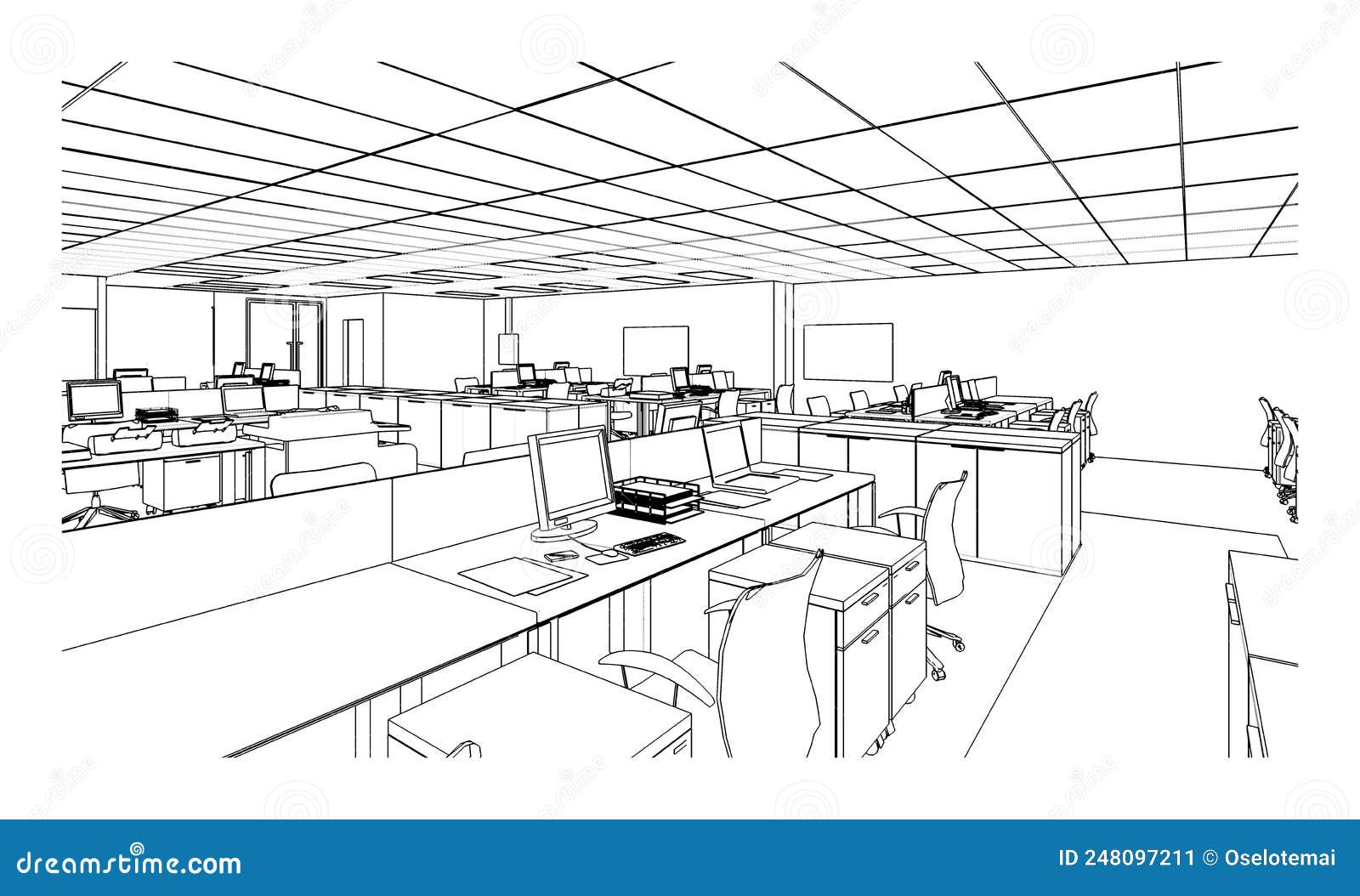 Line Drawing of Office,Modern Design Stock Illustration - Illustration ...