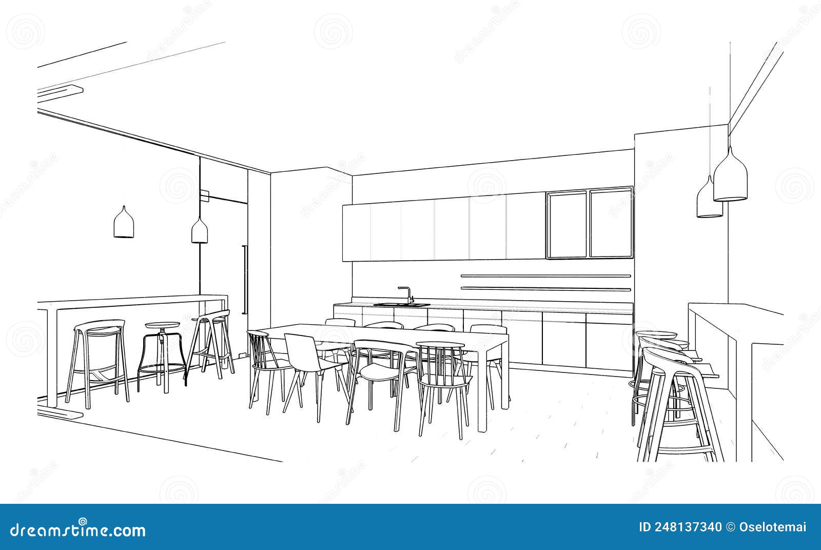 Line Drawing of Pantry Area and Dining Table,Modern Design Stock ...