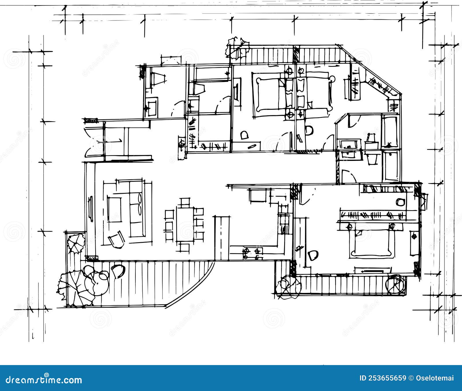 Line Drawing of Residential House Plan,modern Design,vector Stock ...