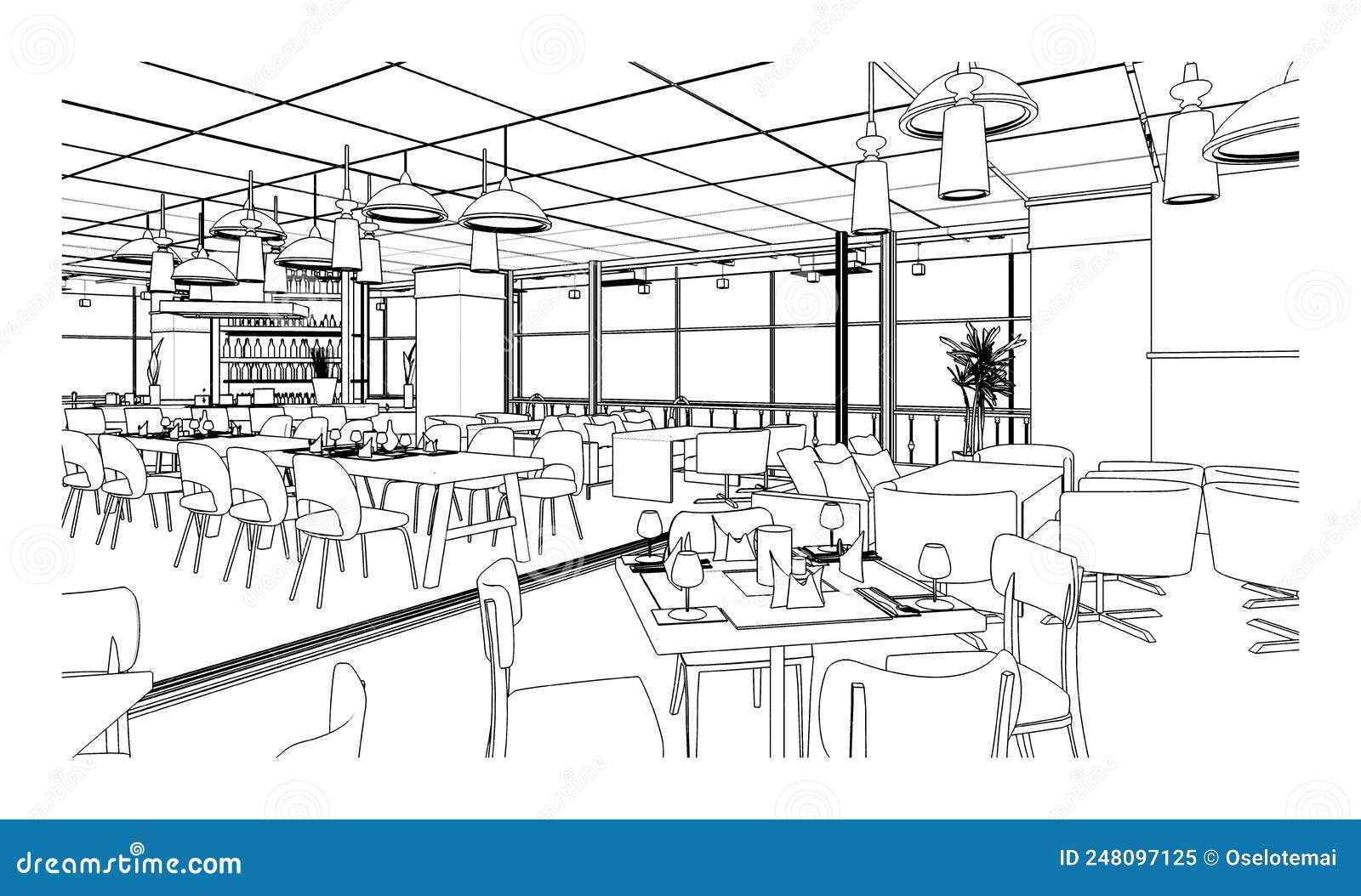 Line Drawing of Restaurant and Mall,Modern Design Stock Illustration ...