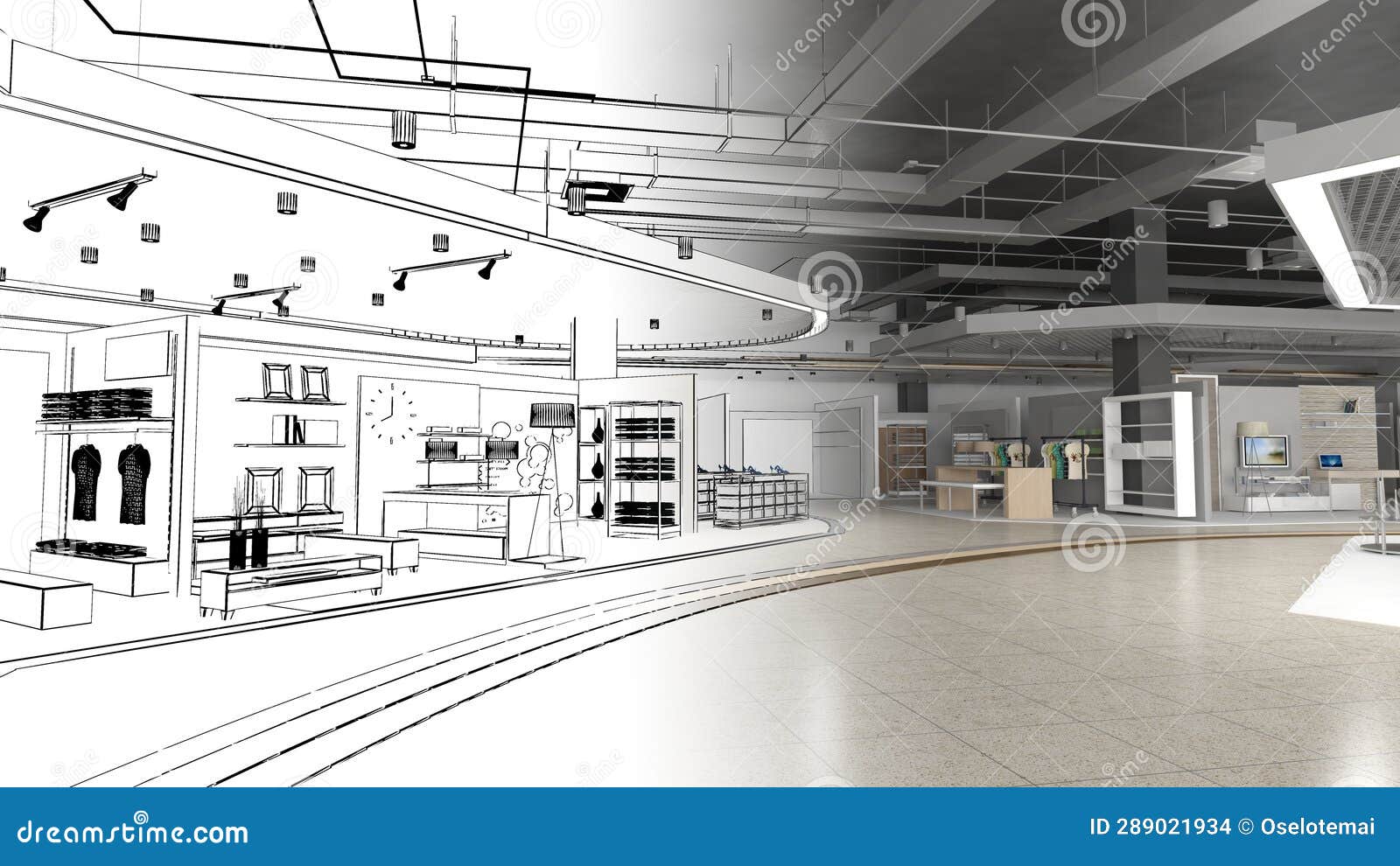 Line Drawing of Shopping Mall with Colour Stock Illustration ...