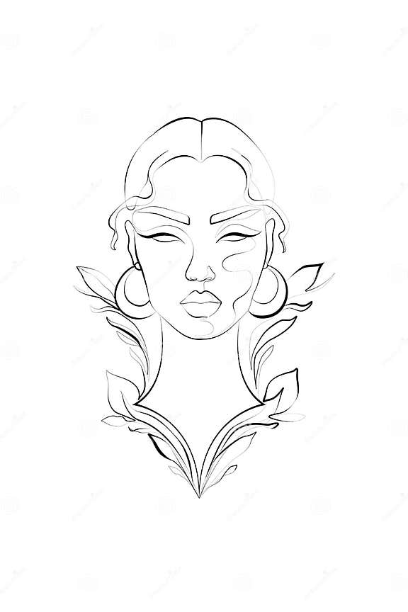 Line Drawing Woman Face Prints Bohemian Flowers Wall Art Stock Vector