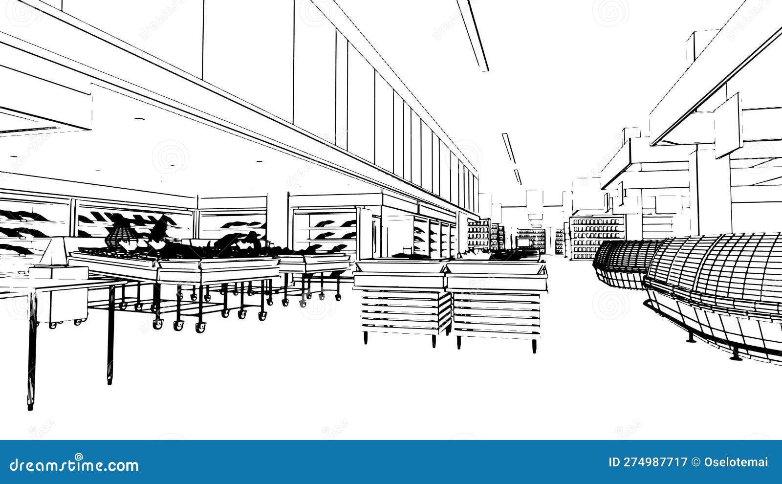 Line Drawings of Supermarkets Selling Various Food Items.,3d Rendering ...