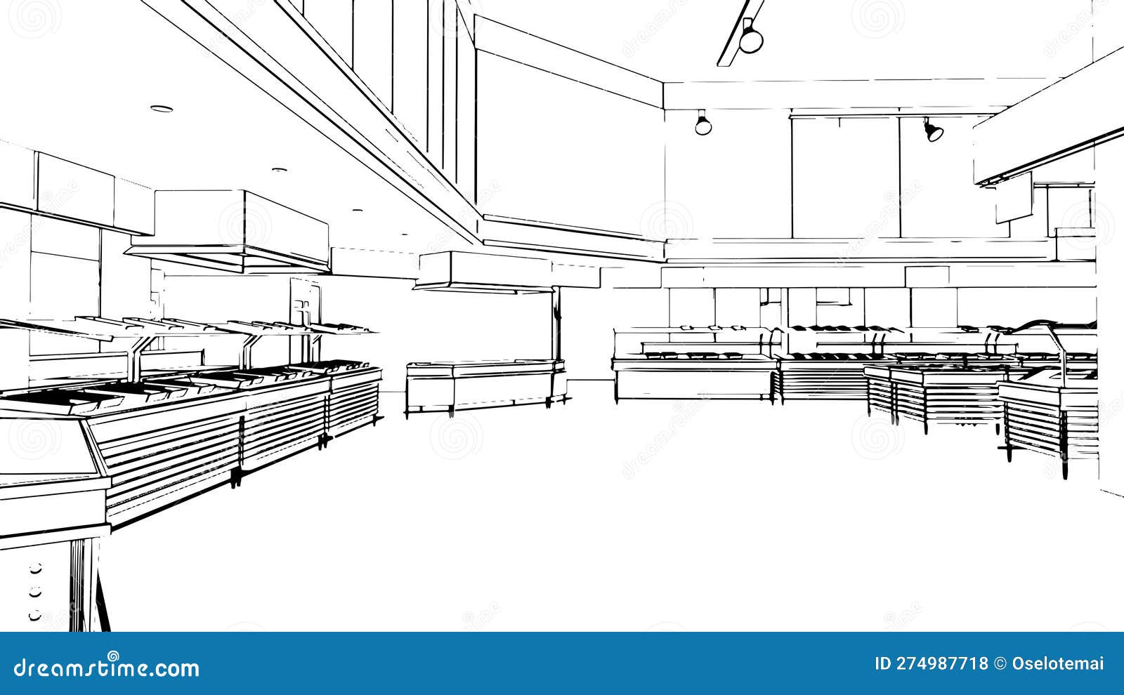 Line Drawings of Supermarkets Selling Various Food Items.,3d Rendering ...