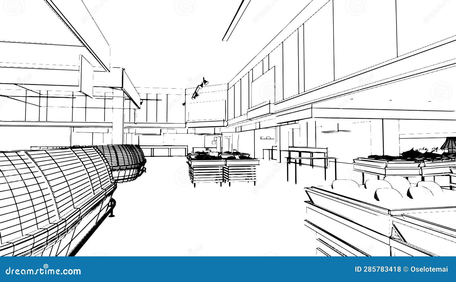Line Drawings of Supermarkets Selling Various Food Items.,3d Rendering ...