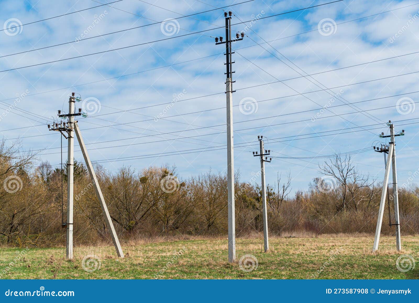 The Line of Electric Poles with Cables of Electric Stock Photo - Image ...