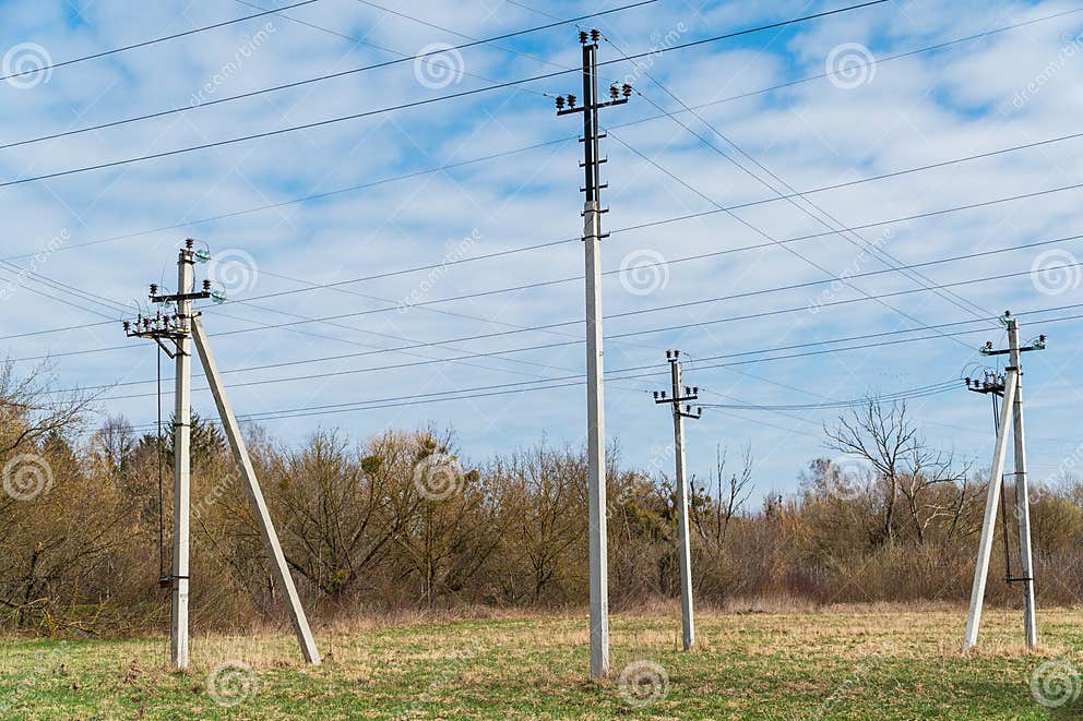 The Line of Electric Poles with Cables of Electric Stock Photo - Image ...
