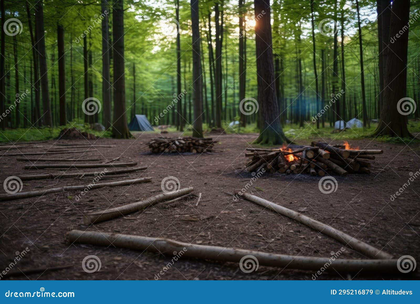 Line of Empty Campfires in a Forest Clearing Stock Image - Image of ...