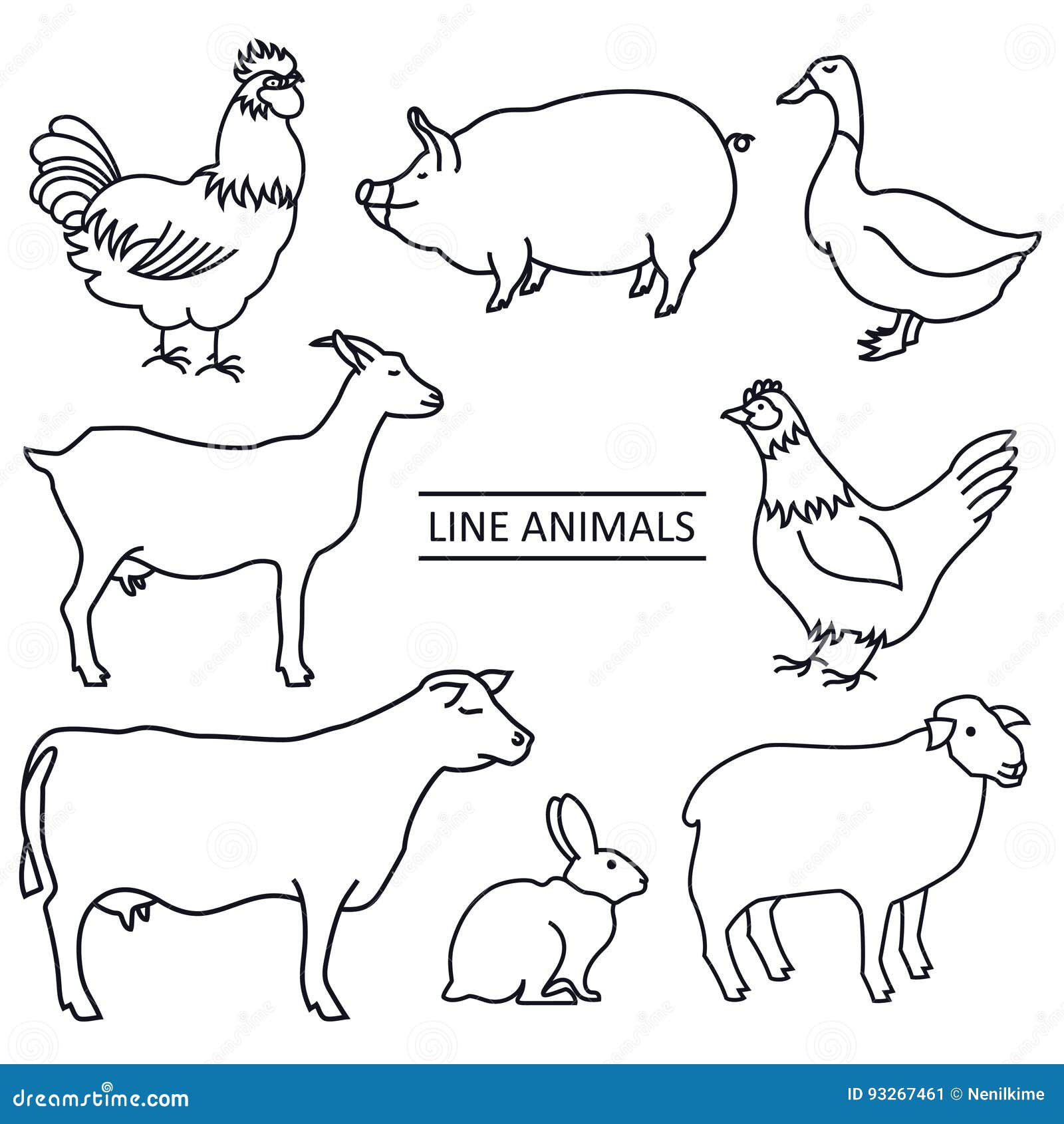 Line Farm Animals Set of 8 Vector Isolated Objects Stock Vector ...
