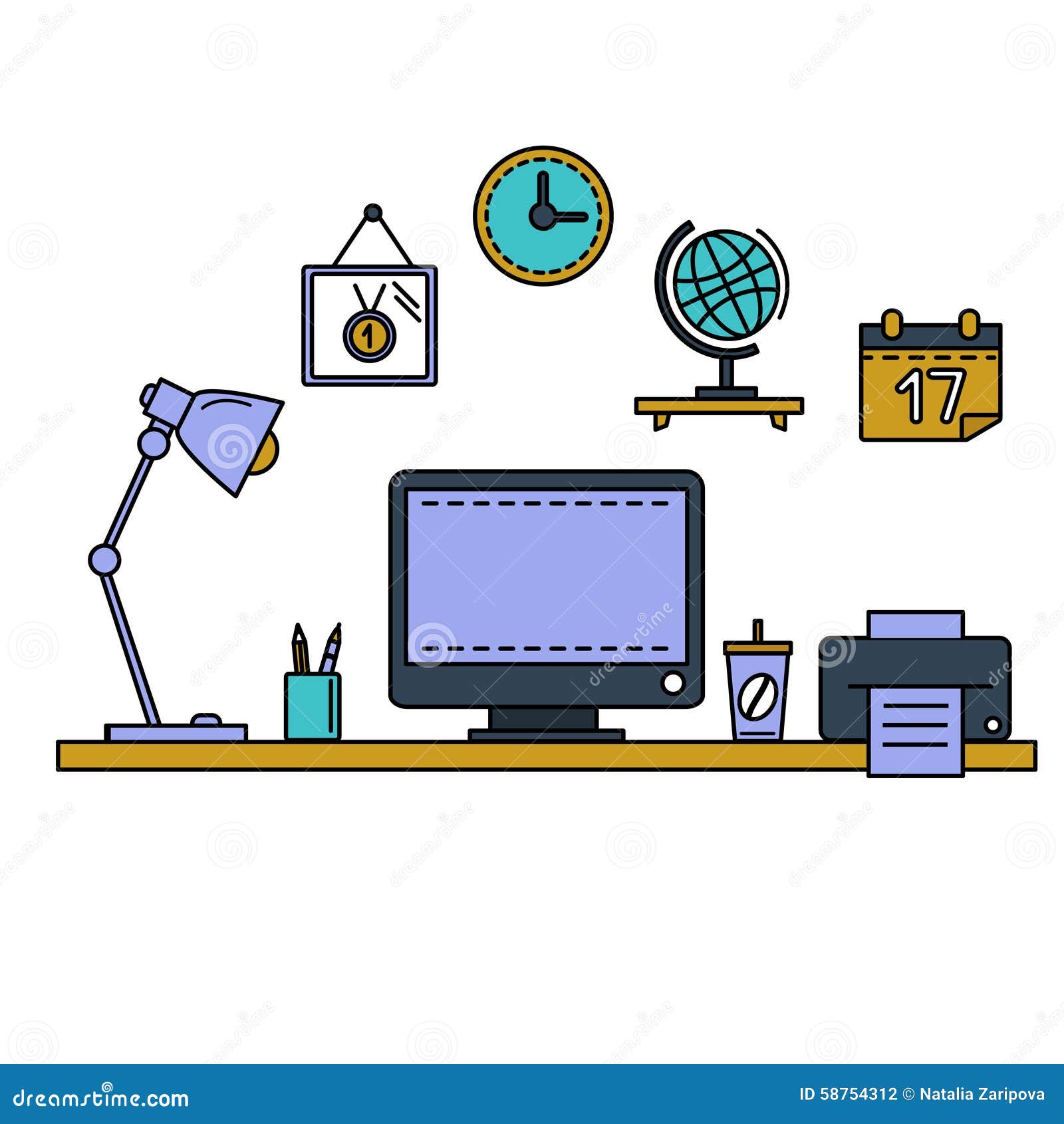 Line Flat Vector Illustration Workspace with Desktop Computer, Work ...
