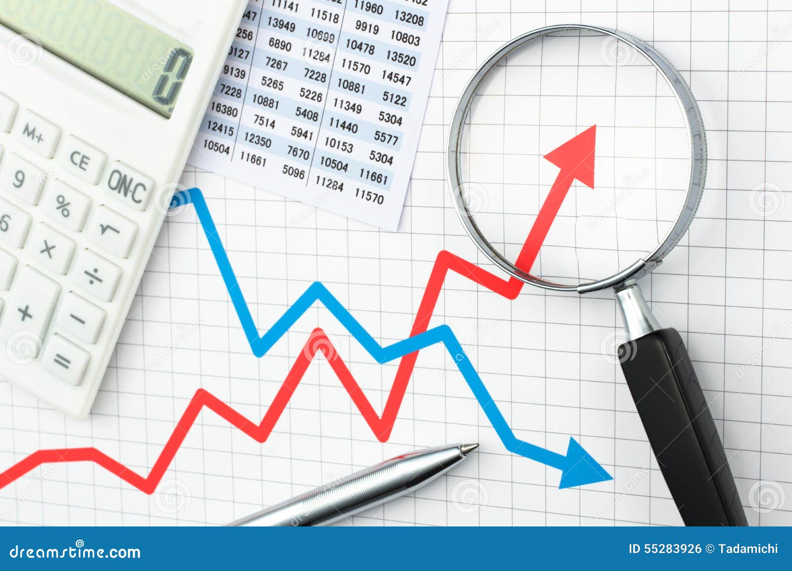 Line Graph and Magnifying Glass. Analyzing Data. Stock Photo - Image of ...