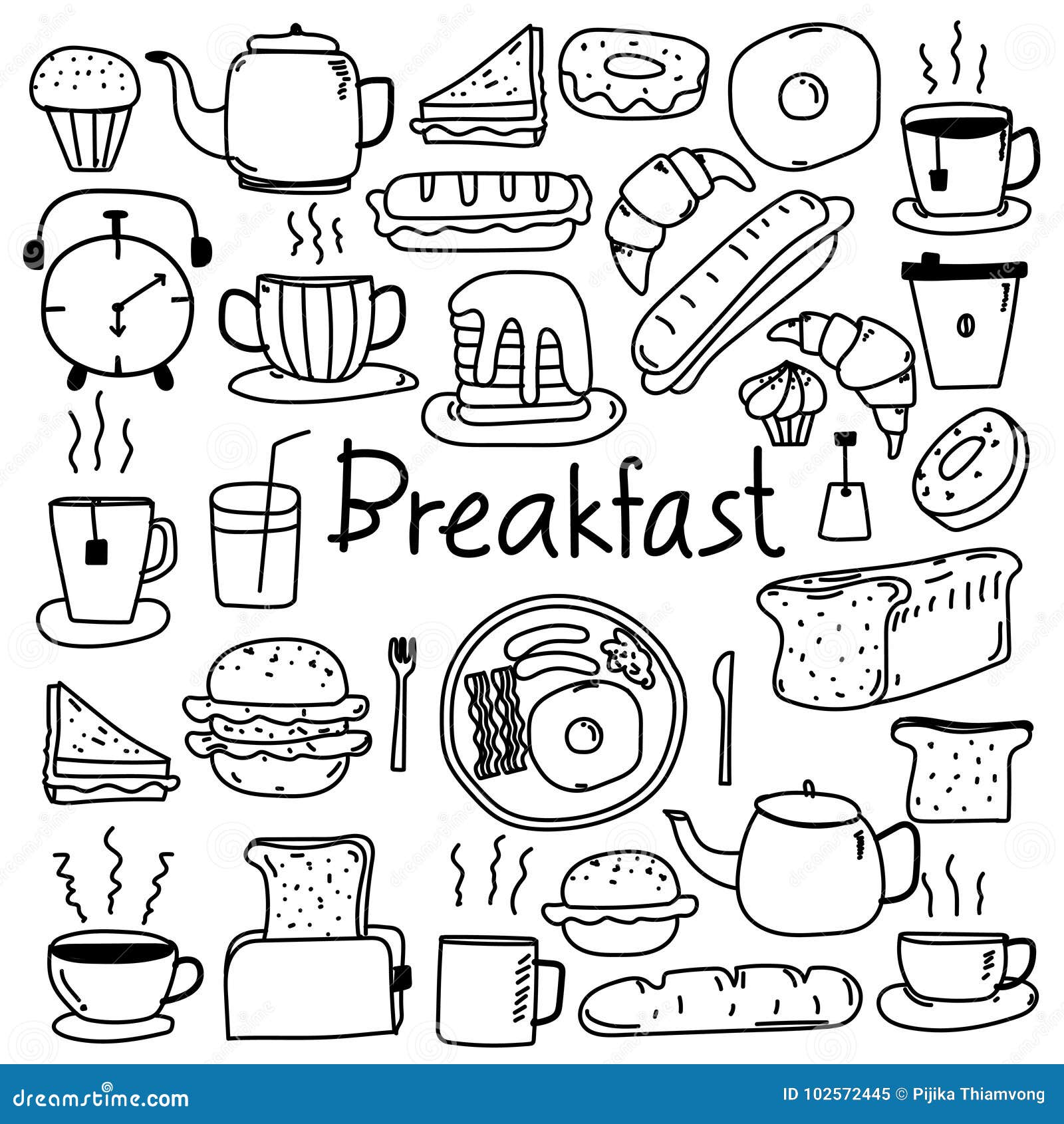 Line Hand Drawn Doodle Vector Breakfast Set. Stock Vector ...
