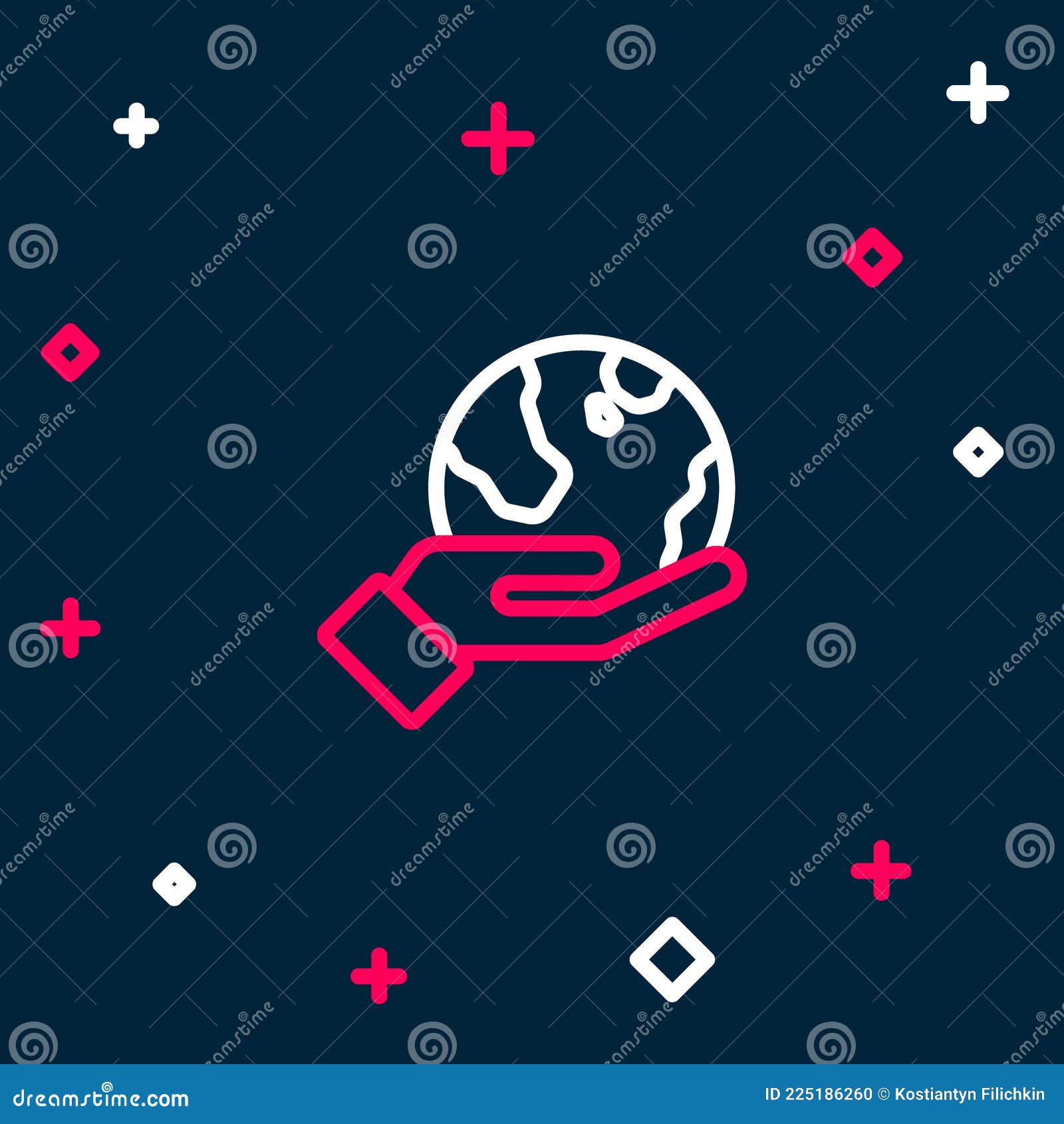 Line Human Hand Holding Earth Globe Icon Isolated On Blue Background