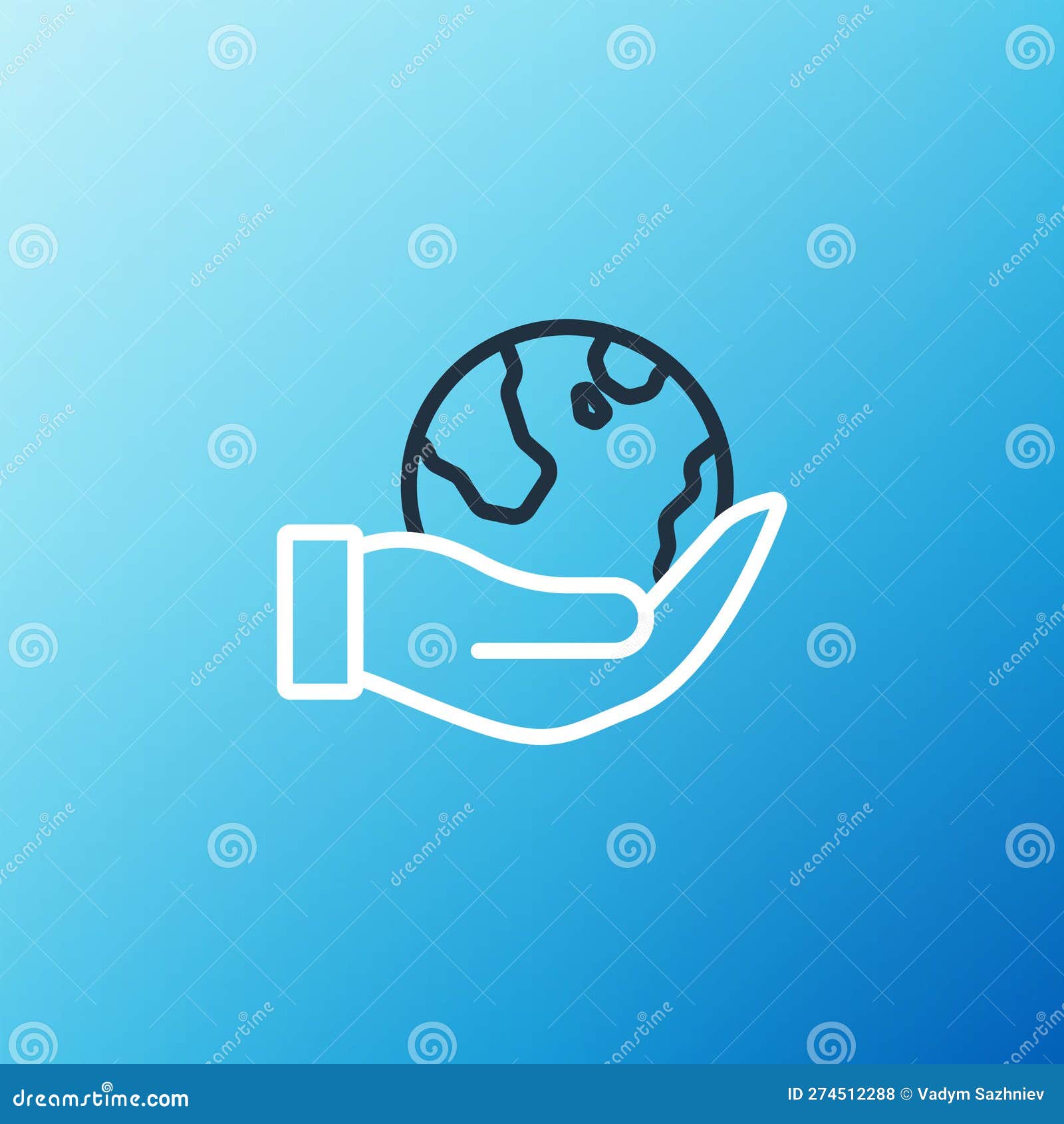 Line Human Hand Holding Earth Globe Icon Isolated On Blue Background